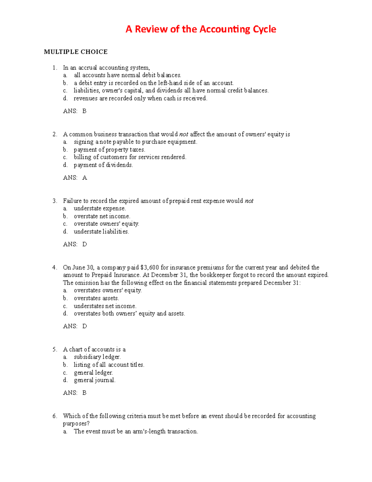 A Review of the Accounting Cycle Answer Key - A Review of the ...