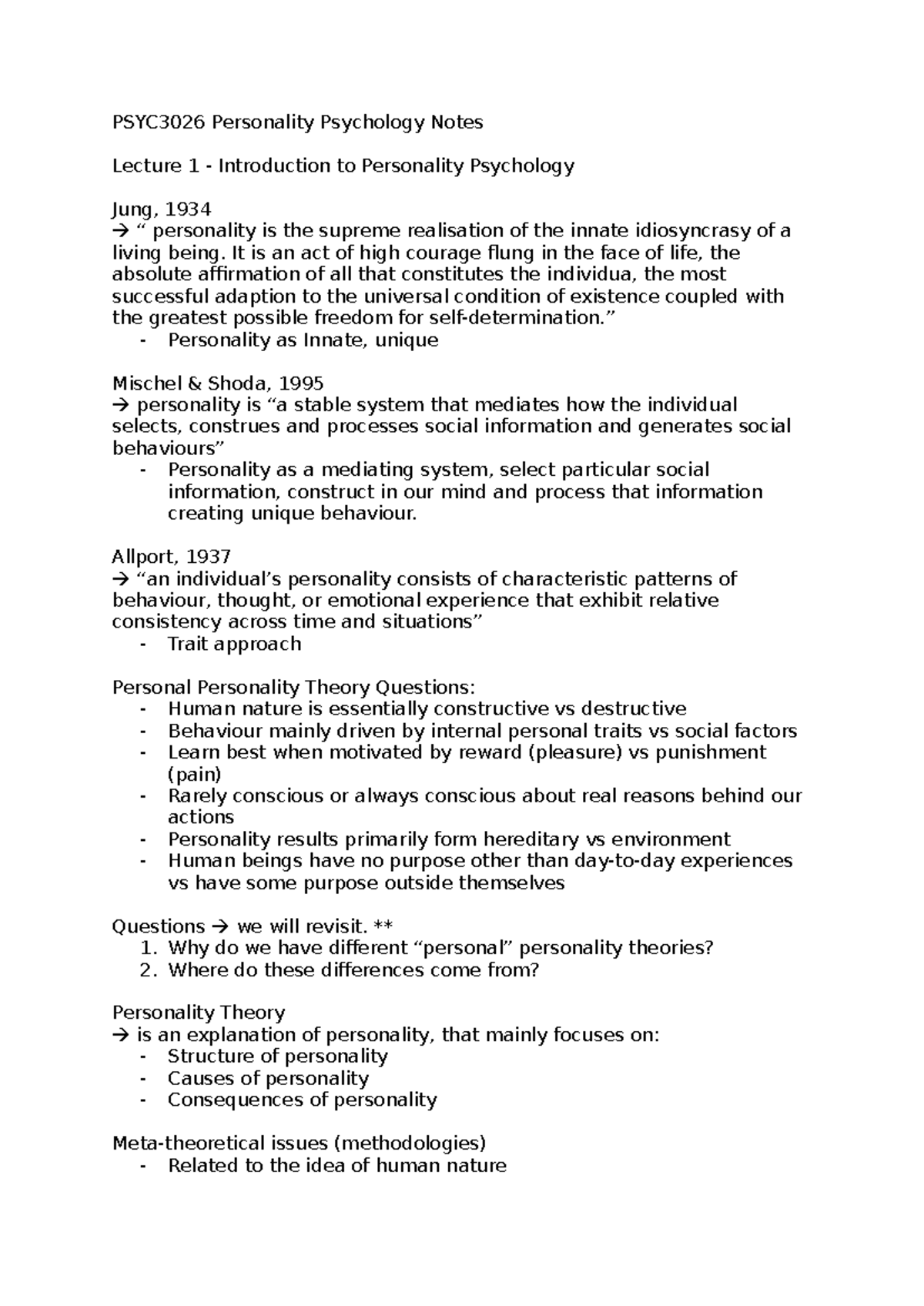 PSYC3026 Personality Psychology Notes - It is an act of high courage ...