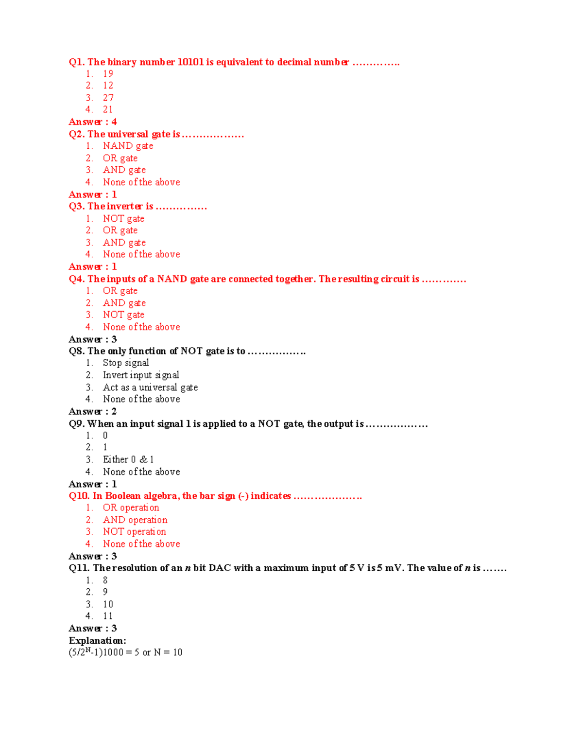 Digital Electronics onemark qb - Q1. The binary number 10101 is ...