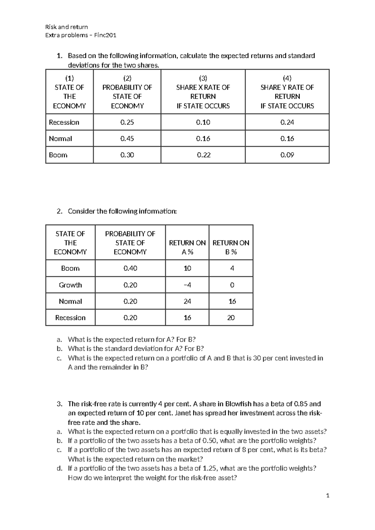 Risk and return - extra problems - Risk and return Extra problems – Finc 1. Based on the ...