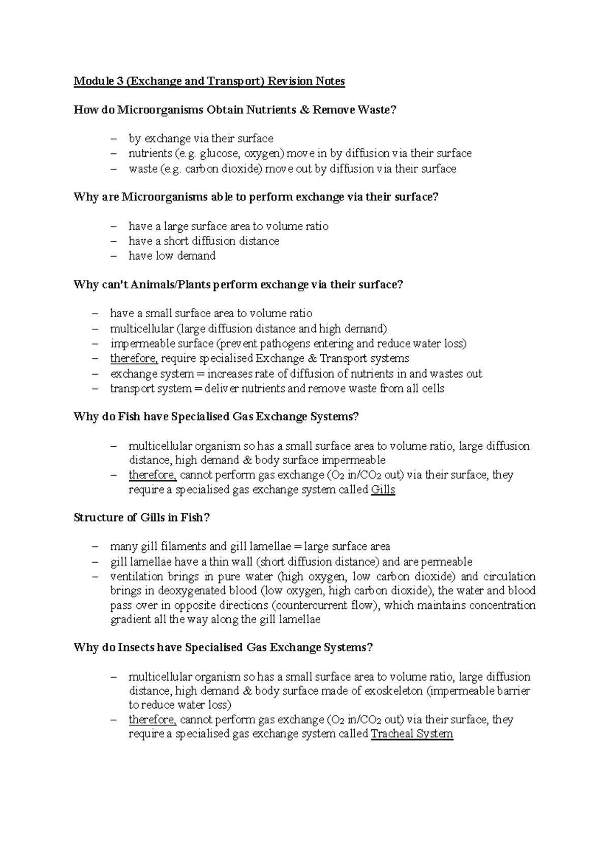 AQA Module 3 Revision Notes - Module 3 (Exchange and Transport ...