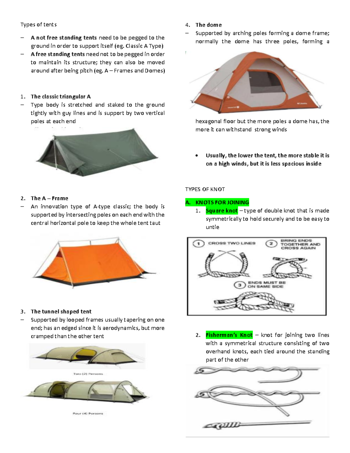 Sha pe pe pe - reviewer notes - Types of tents A not free standing ...