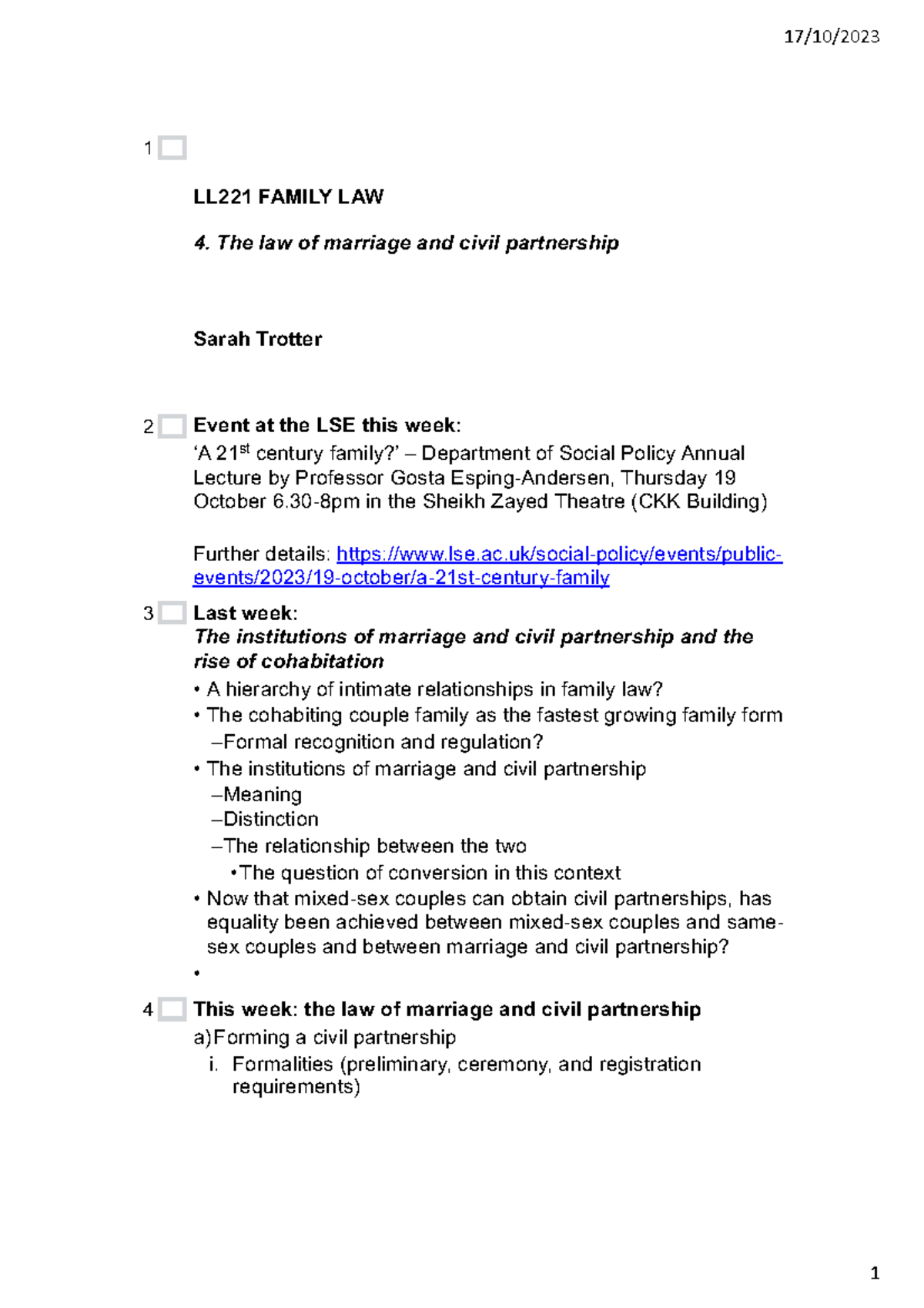 4 lecture 2023 161023 - LL221 FAMILY LAW The law of marriage and civil ...
