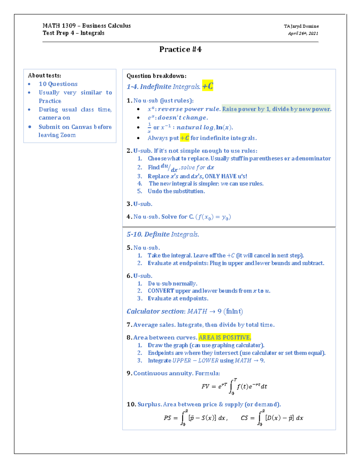 JD's Prep #4 - Unit 4 Test Prep - Test Prep 4 – Integrals April 26th ...