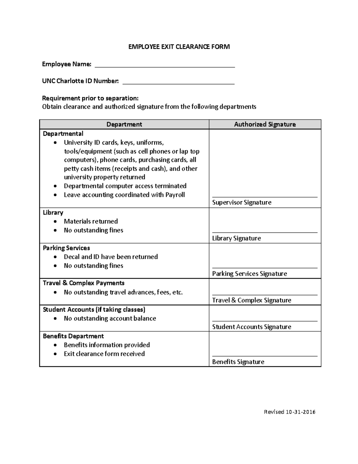 Employee exit clearance form - EMPLOYEE EXIT CLEARANCE FORM Employee ...