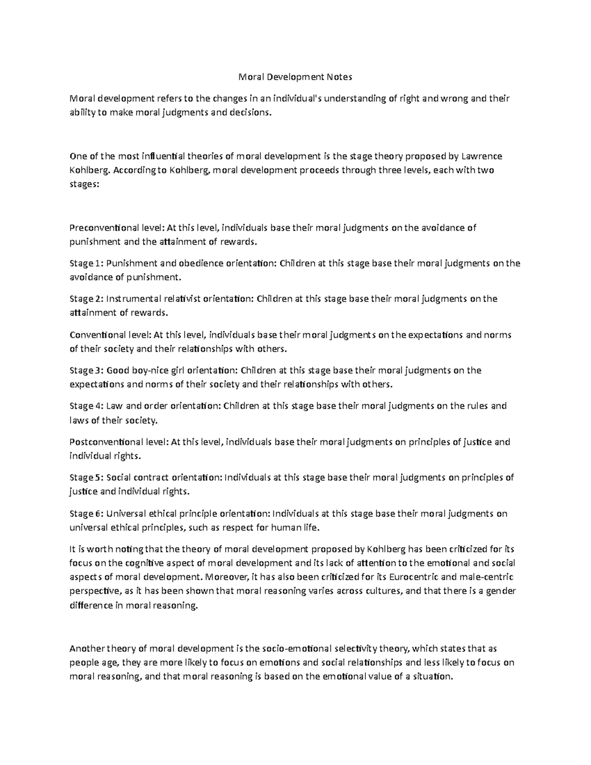 Moral Development Notes - Moral Development Notes Moral development ...