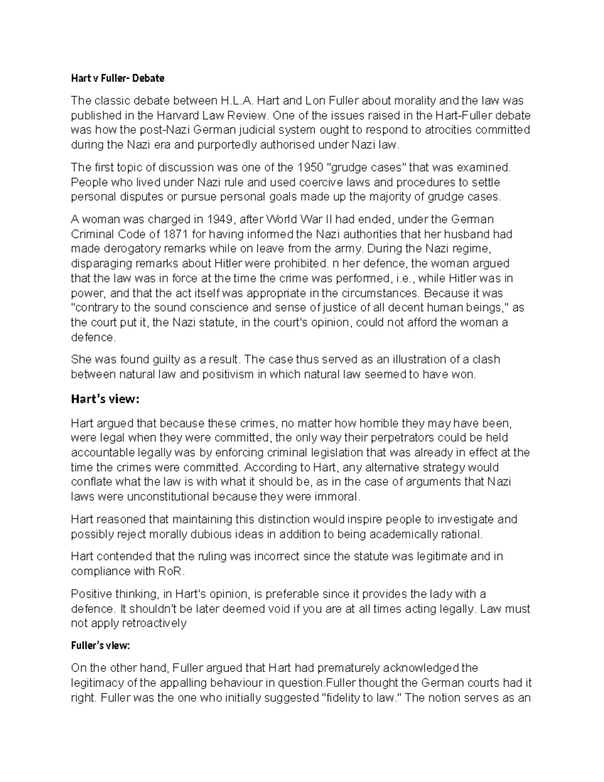 Hart v Fuller - essay on hart v fullar - Hart v Fuller- Debate The ...