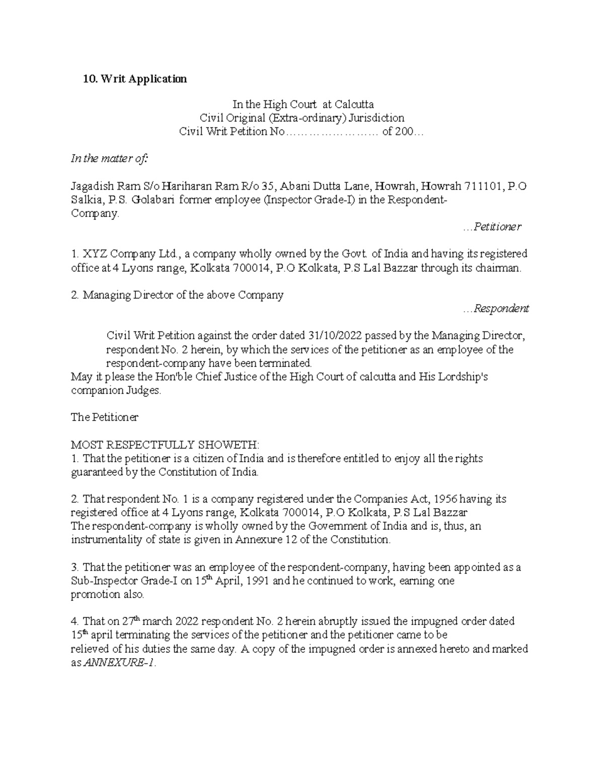 10. WRIT Petition.docx ( Final) - Writ Application In the High Court at Calcutta Civil Original ...