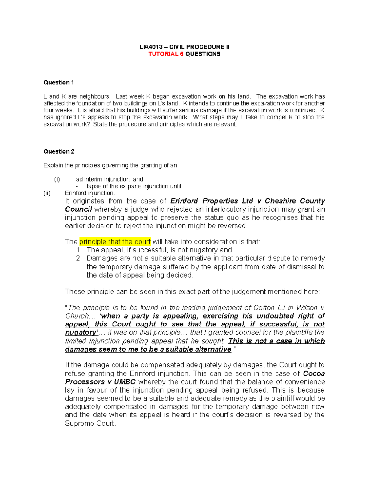 Tutorial 6 Questions - Tutuo - LIA4013 – CIVIL PROCEDURE II TUTORIAL 6 QUESTIONS Question 1 L ...