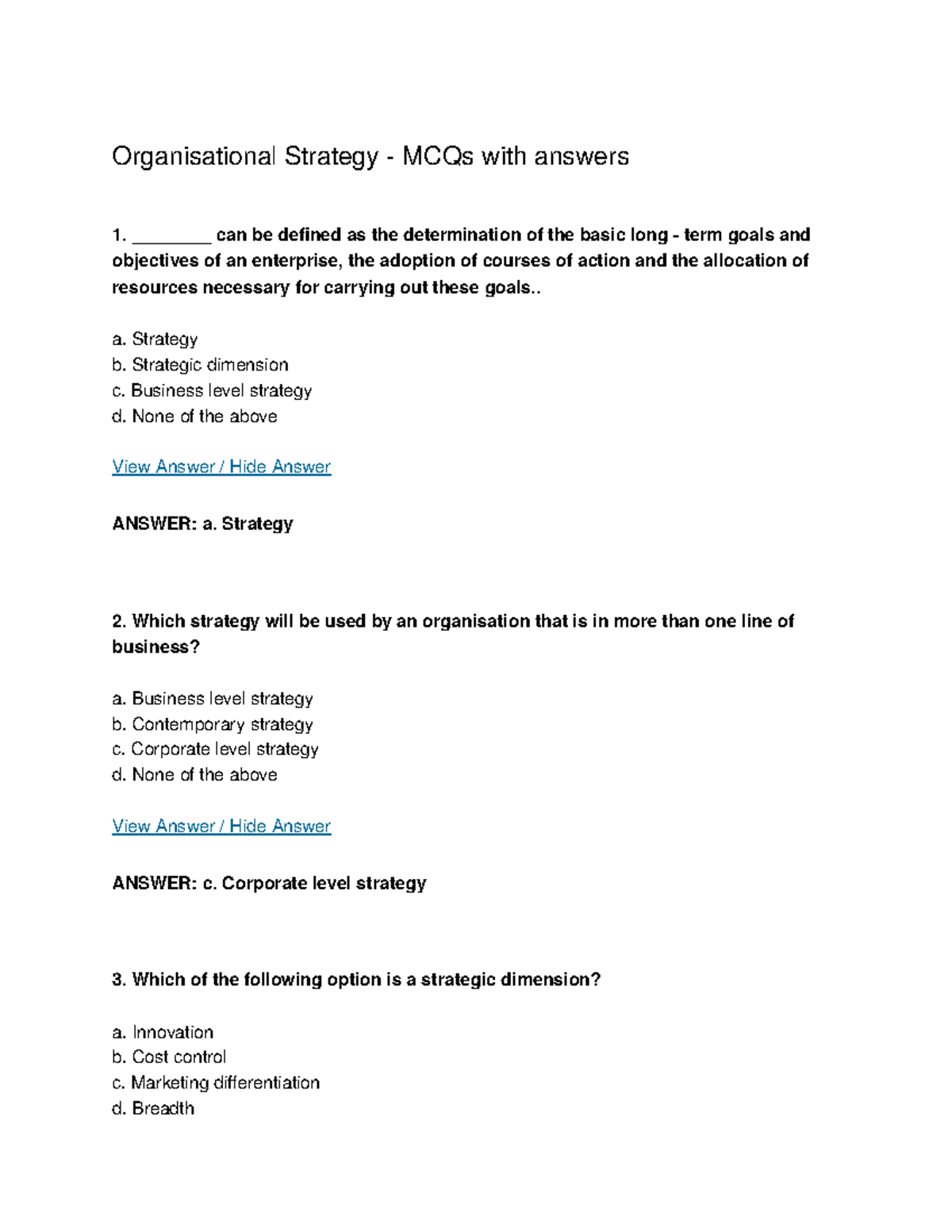 Ilide - for reading - Organisational Strategy - MCQs with answers ...