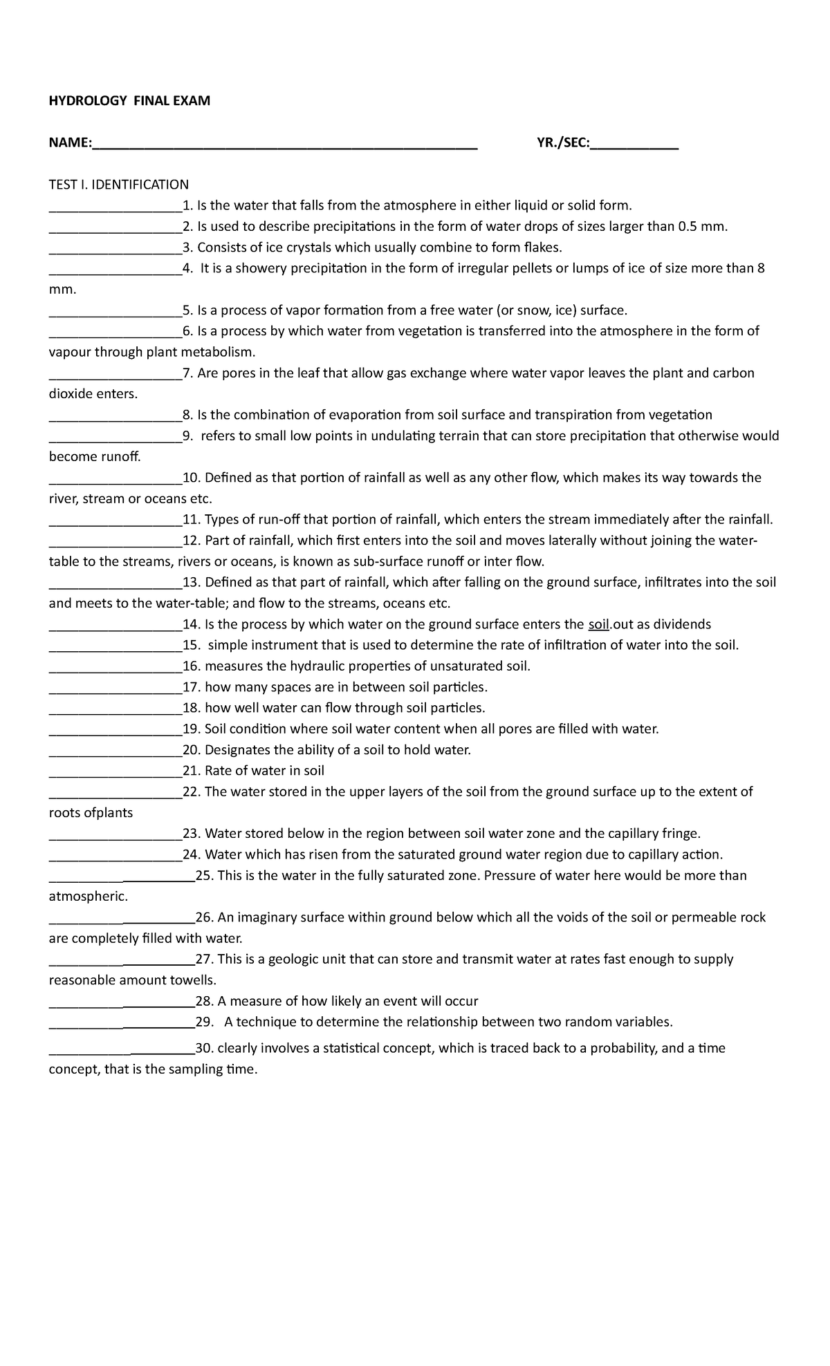 Hydrology Final EXAM - this material is for study references purpose ...