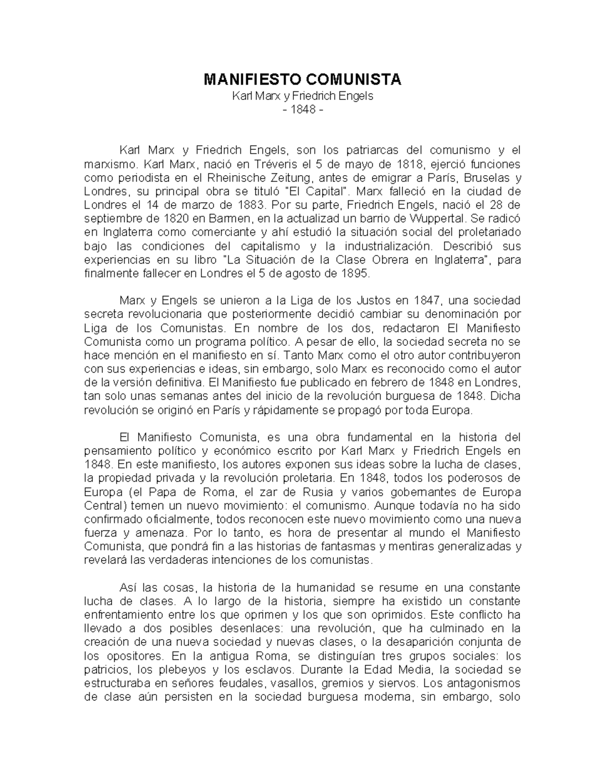 Manifiesto Comunista - MANIFIESTO COMUNISTA Karl Marx y Friedrich ...