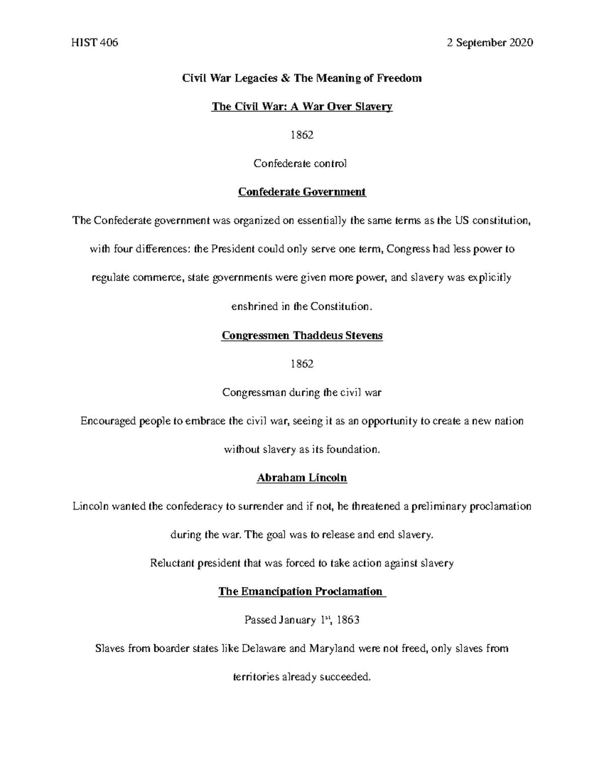 Civil War Legacies & the Meaning of Freedom - HIST 406 2 September 2020 ...