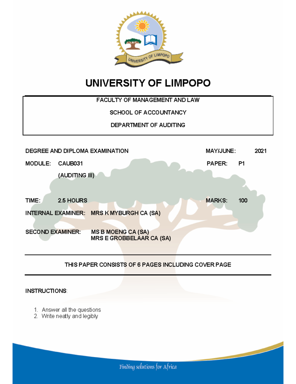 CAUB031 Question 2021 Examination Final - UNIVERSITY OF LIMPOPO FACULTY OF MANAGEMENT AND LAW ...