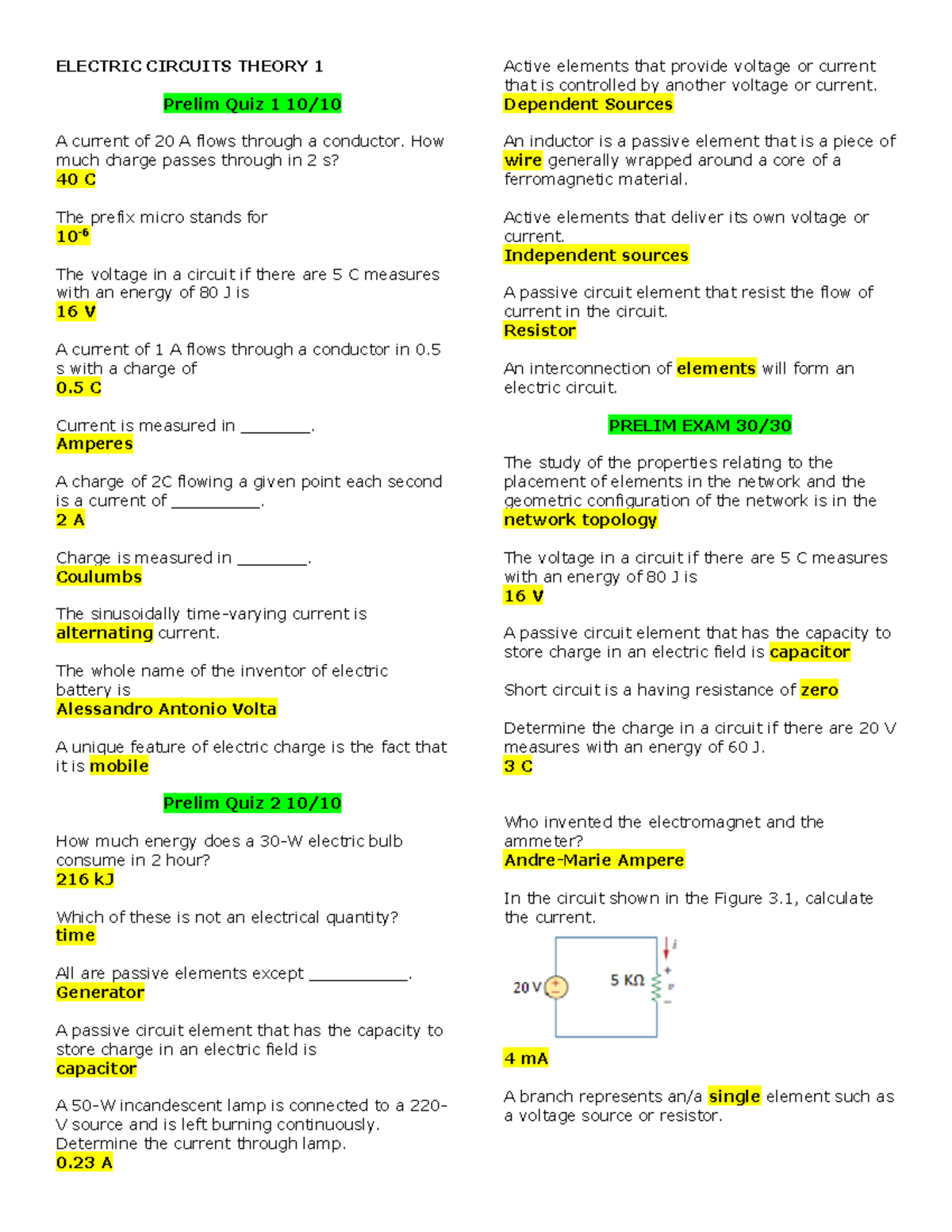 Electric Circuits Theory 1 - ELECTRIC CIRCUITS THEORY 1 Prelim Quiz 1 ...