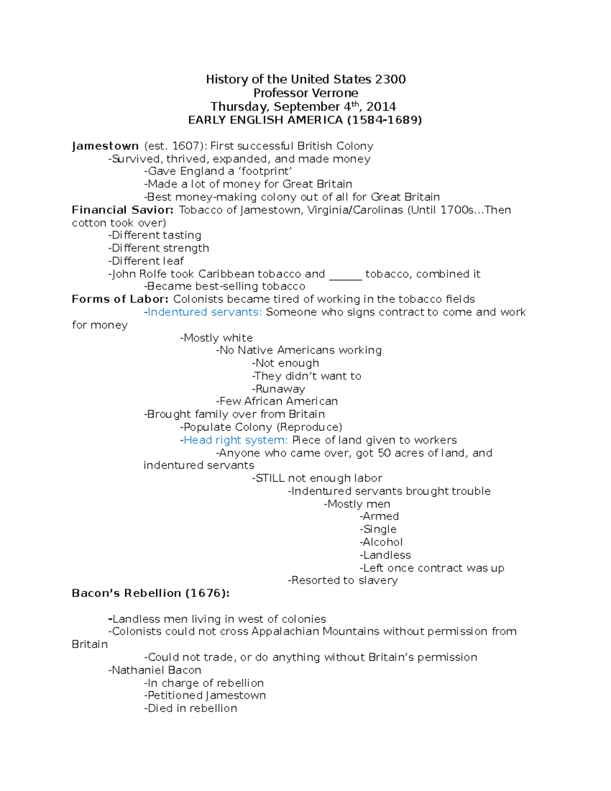 Early English America Notes Hist2300 - History of the United States ...