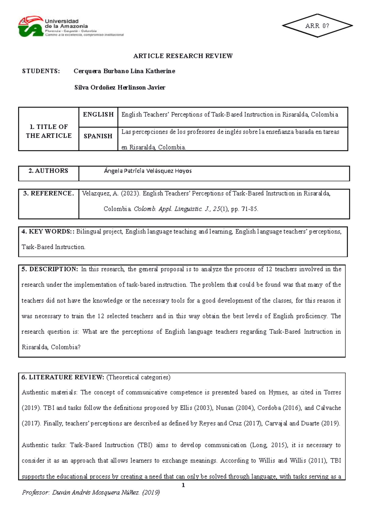 ARR FORM - cdcd - ARTICLE RESEARCH REVIEW STUDENTS: Cerquera Burbano ...