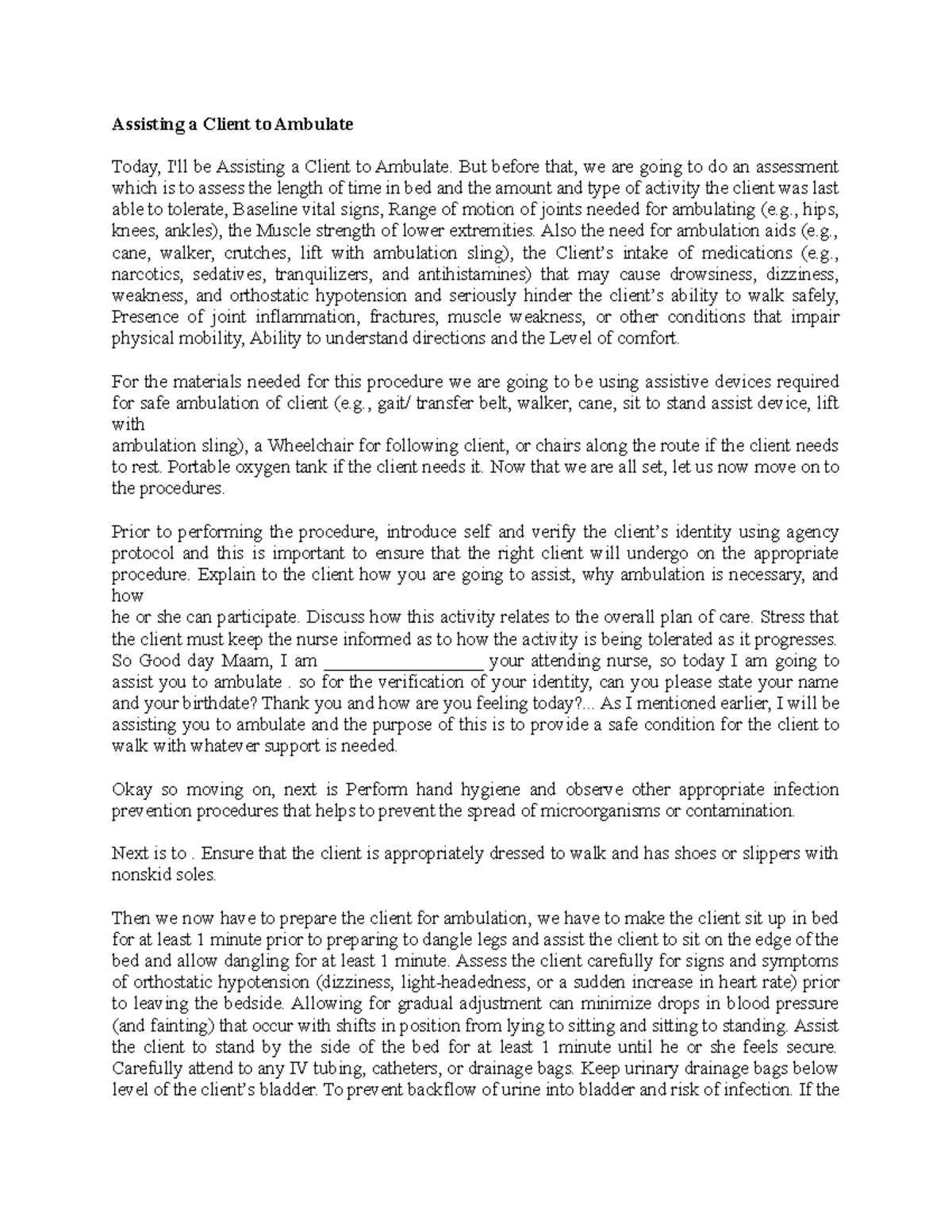 Assisting a Client to Ambulate Procedure Checklist - Assisting a Client ...