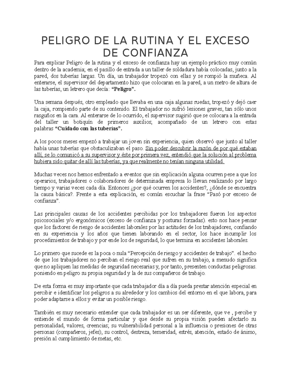 Exceso de confianza - Procesos de Ingenieria - PELIGRO DE LA RUTINA Y ...