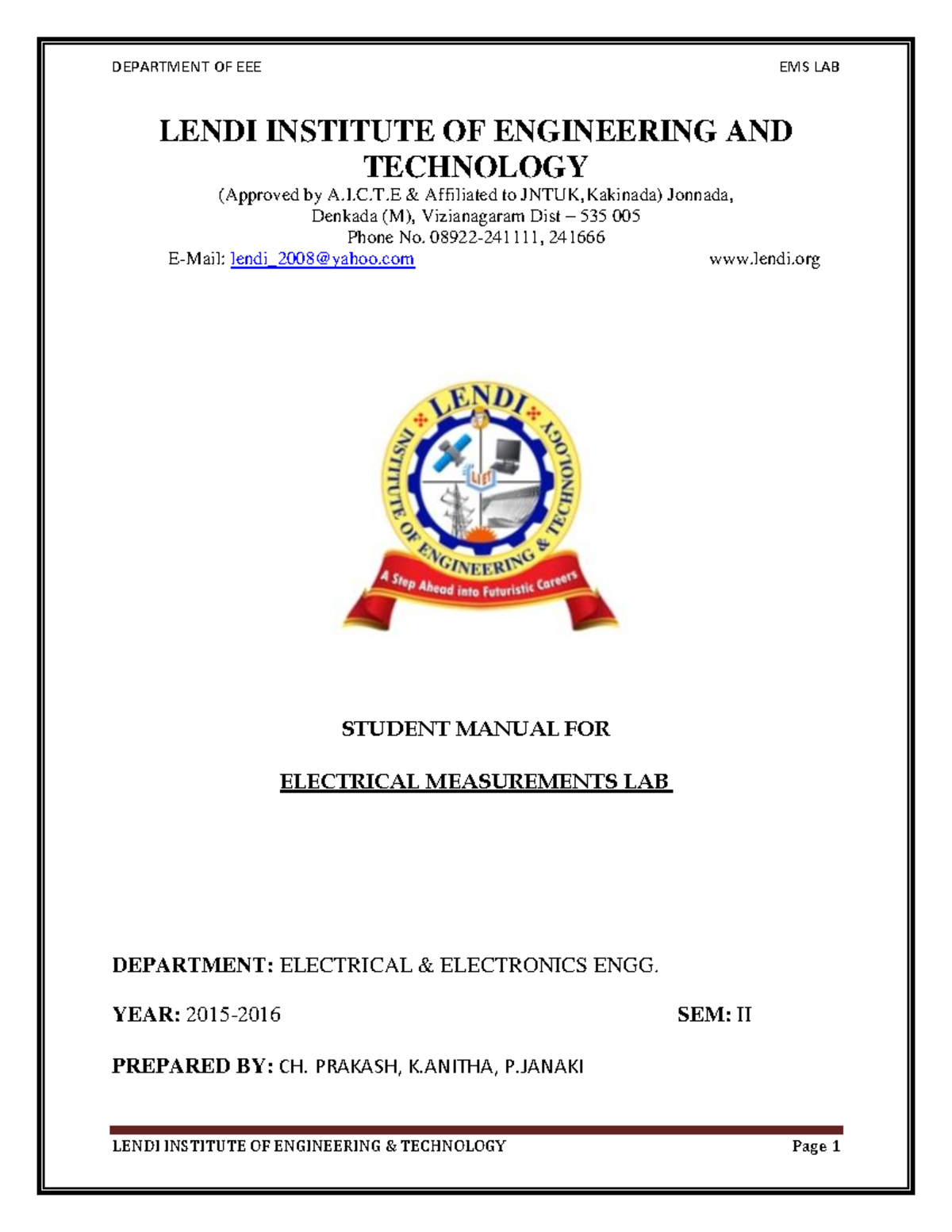 Electrical Measurements LAB Manual - LENDI INSTITUTE OF ENGINEERING AND ...