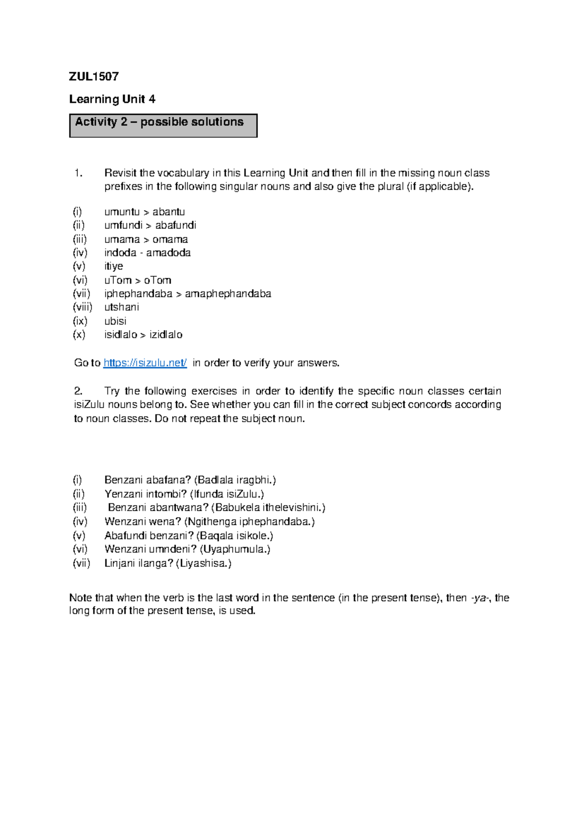 ZUL1507 Learning Unit 4 Activities and Solutions - ZUL Learning Unit 4 Activity 2 – possible ...