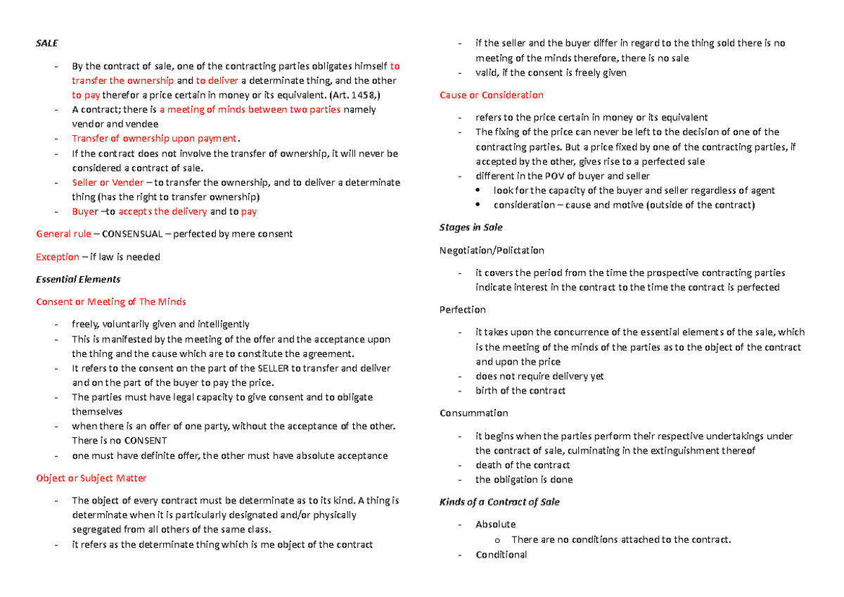 law on sales, agency and credit transaction - SALE By the contract of ...