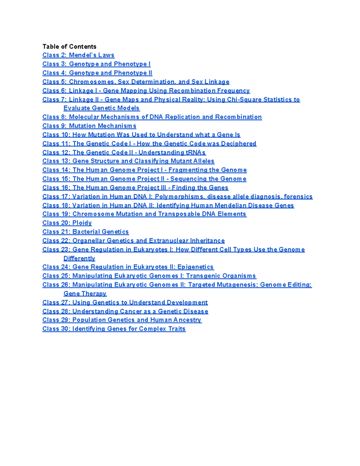 BIO325 Final Review - Summary Genetics - Table of Contents Class 2 ...