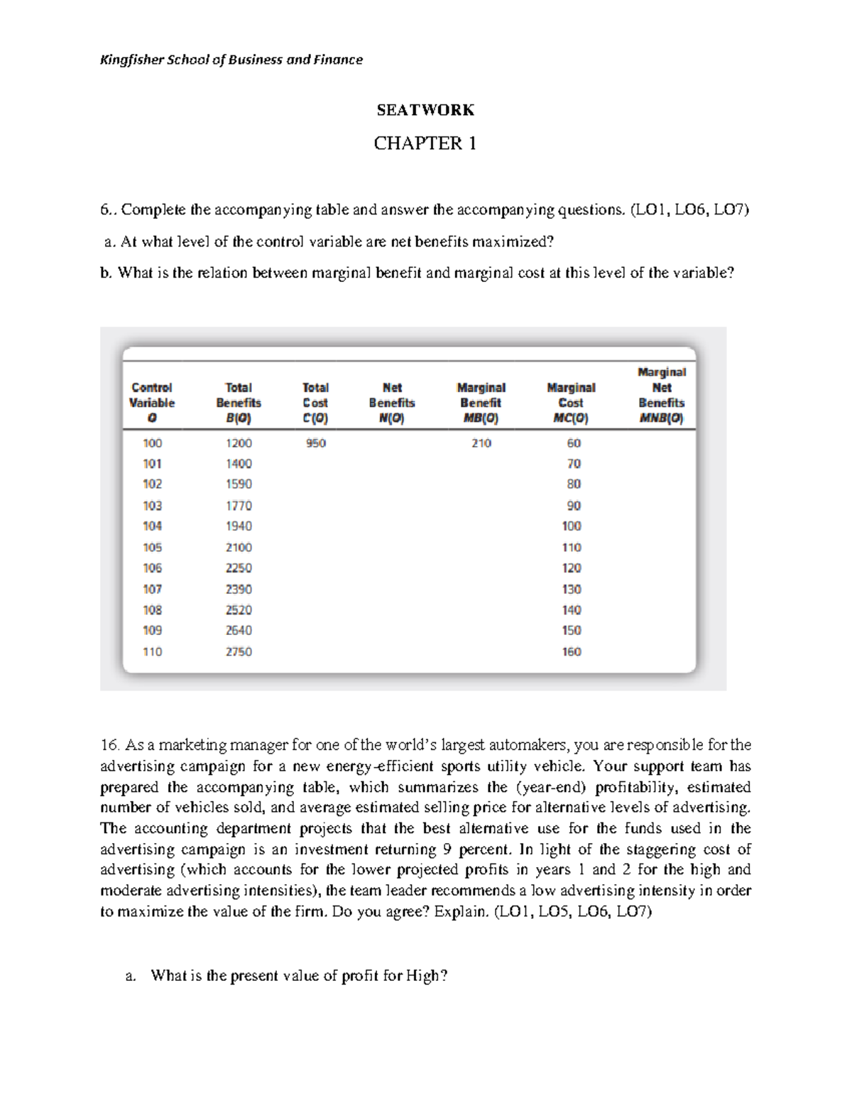 Seatwork Chapter 1 - Kingfisher School of Business and Finance SEATWORK CHAPTER 1 6.. Complete ...