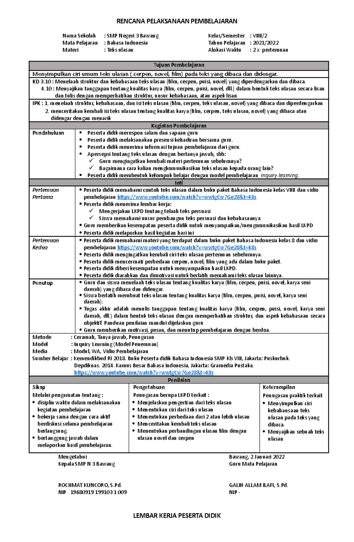 RPP TEKS Ulasan 3.10 dan 4.10 - Galih Allam - RENCANA PELAKSANAAN ...