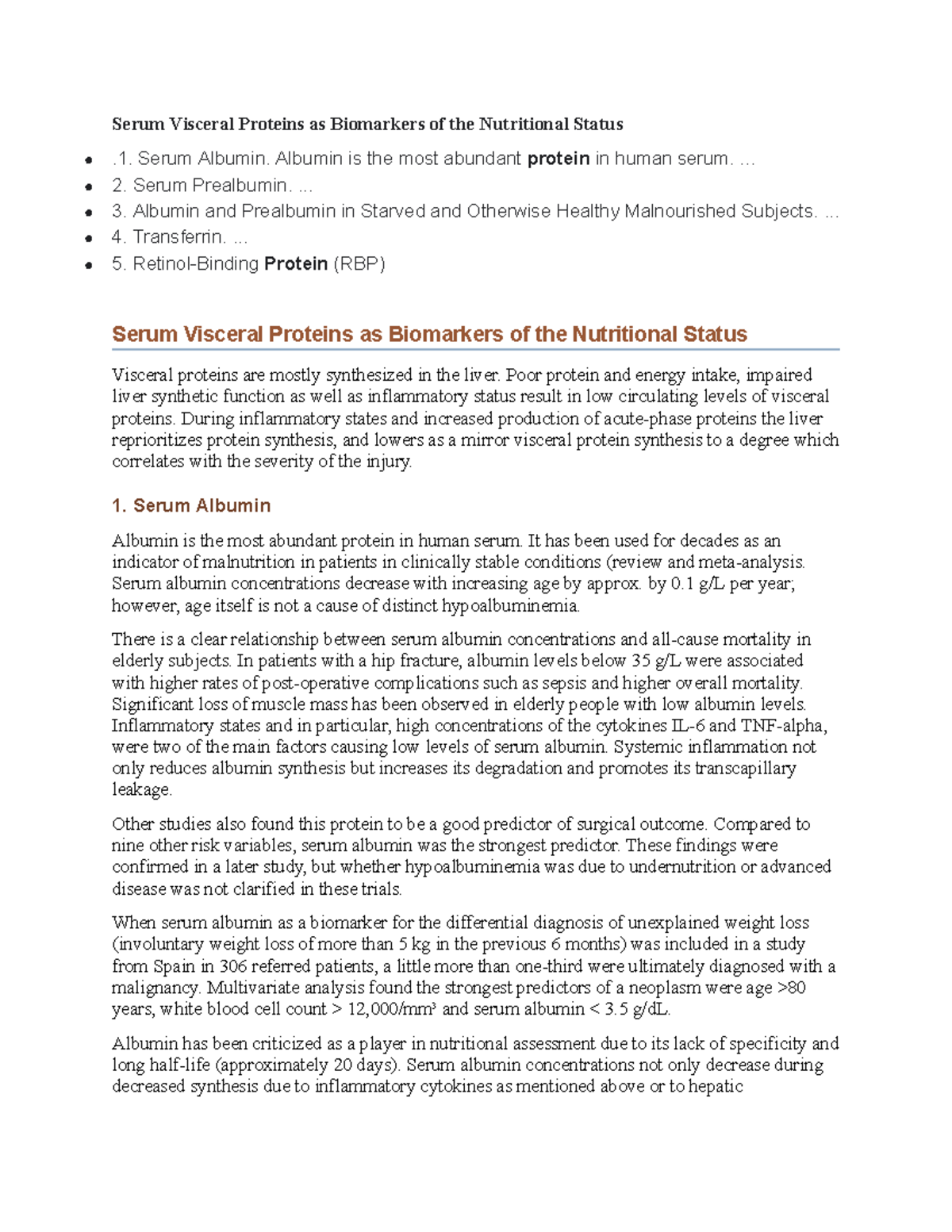 7. Visceral proteins - Lecture notes lecturers taking biochemistry for ...