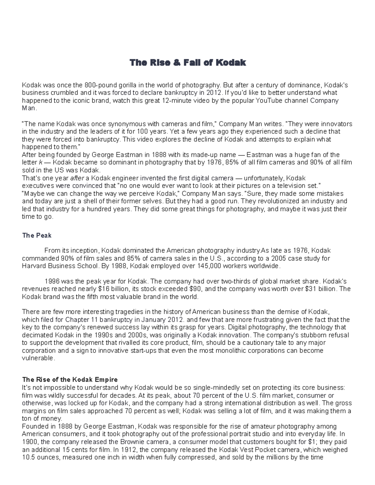 THE RISE AND FALL OF KODAK AND SAMSUNG - The Rise & Fall of Kodak Kodak ...