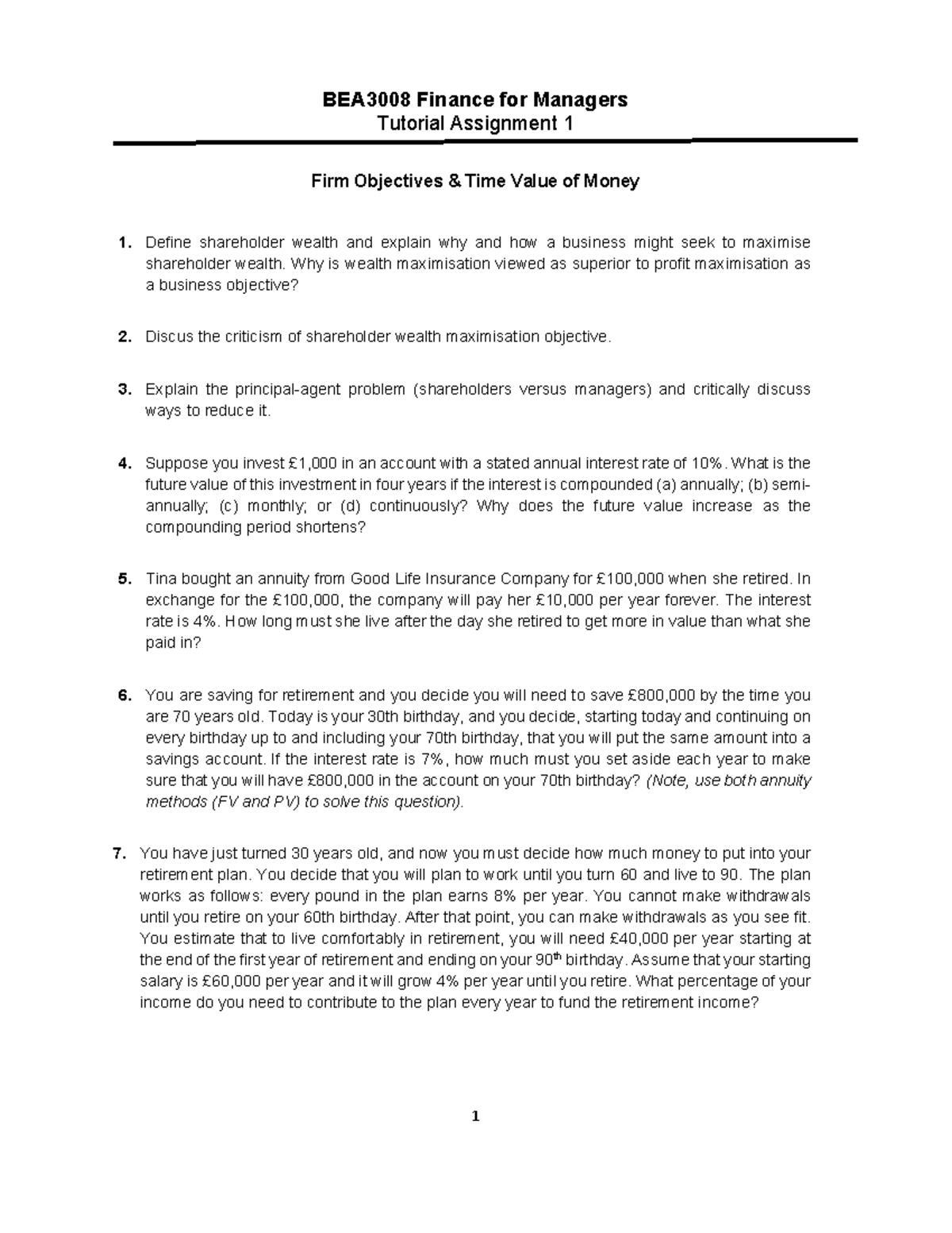 FM Topic 1 Tutorial Questions - 1 BEA3008 Finance for Managers Tutorial ...