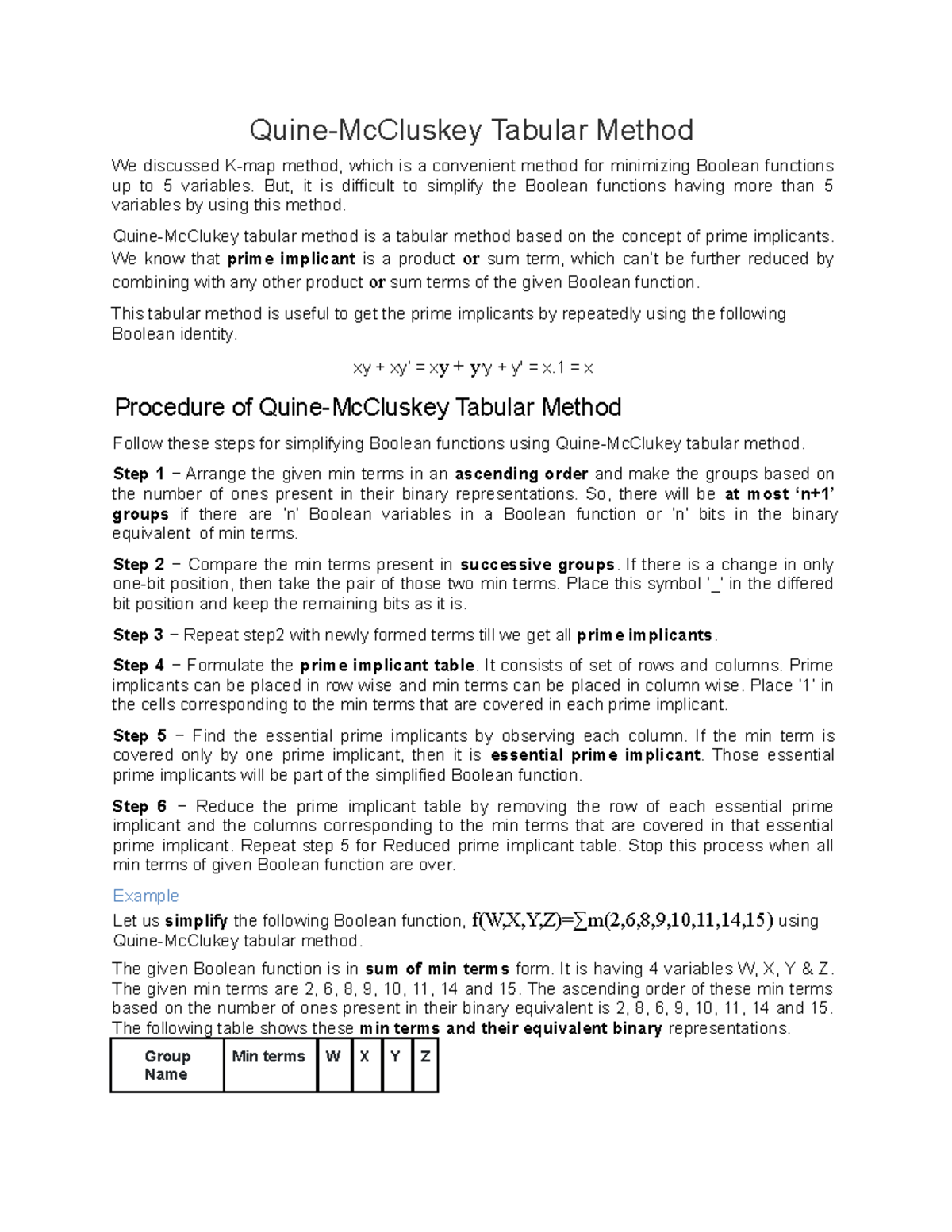 Quine - very helpful notes for every students - Quine-McCluskey Tabular ...