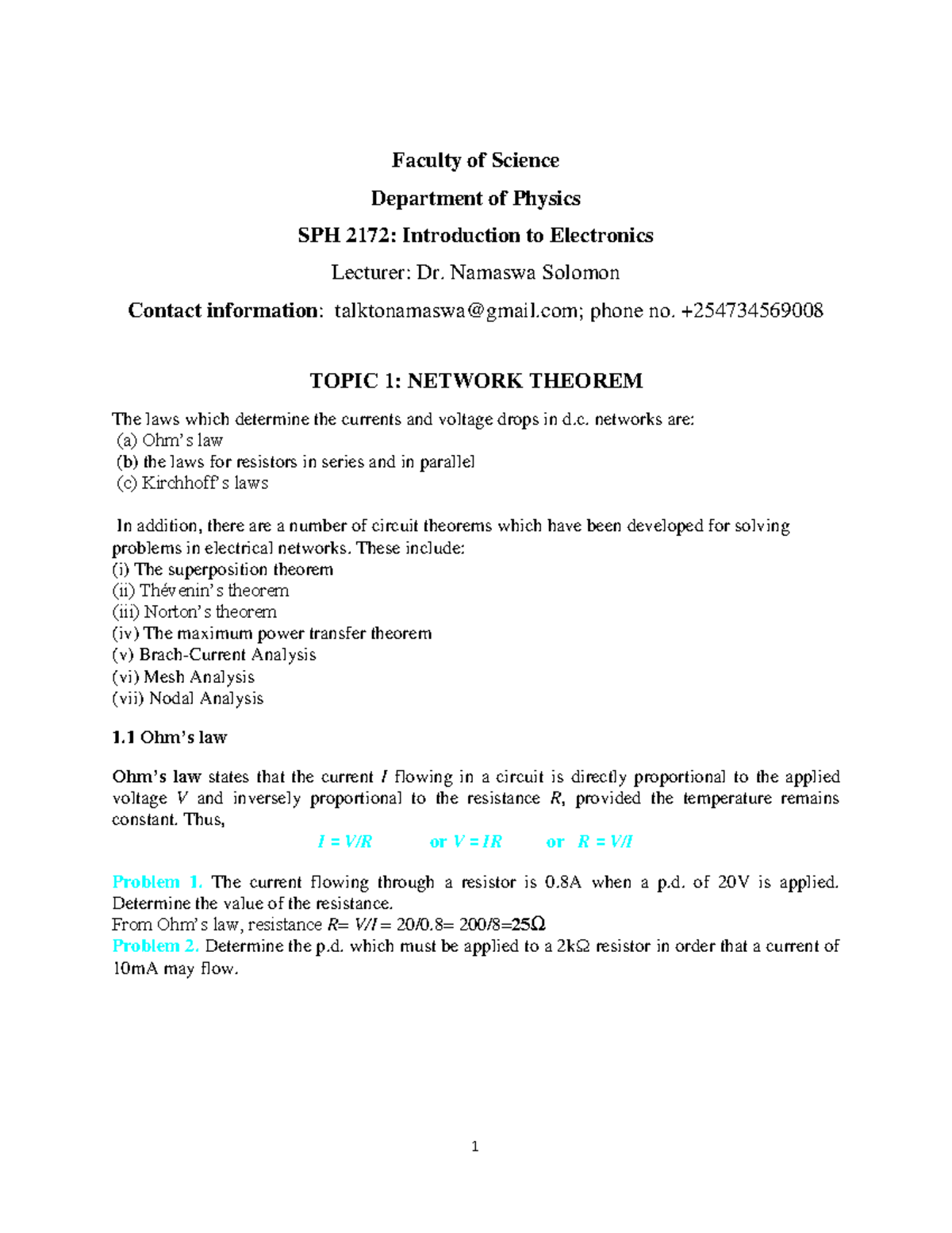 Topic 1 Network Theorem - Faculty of Science Department of Physics SPH ...