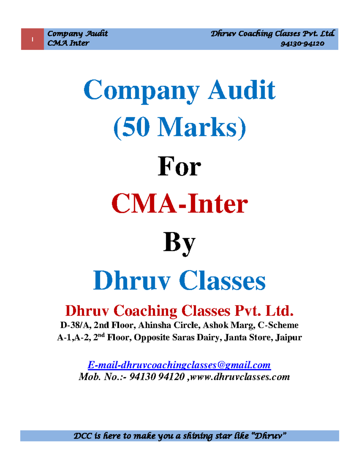 Audit Concept - 1 CMA Inter 94130 - 94120 Company Audit (50 Marks) For ...