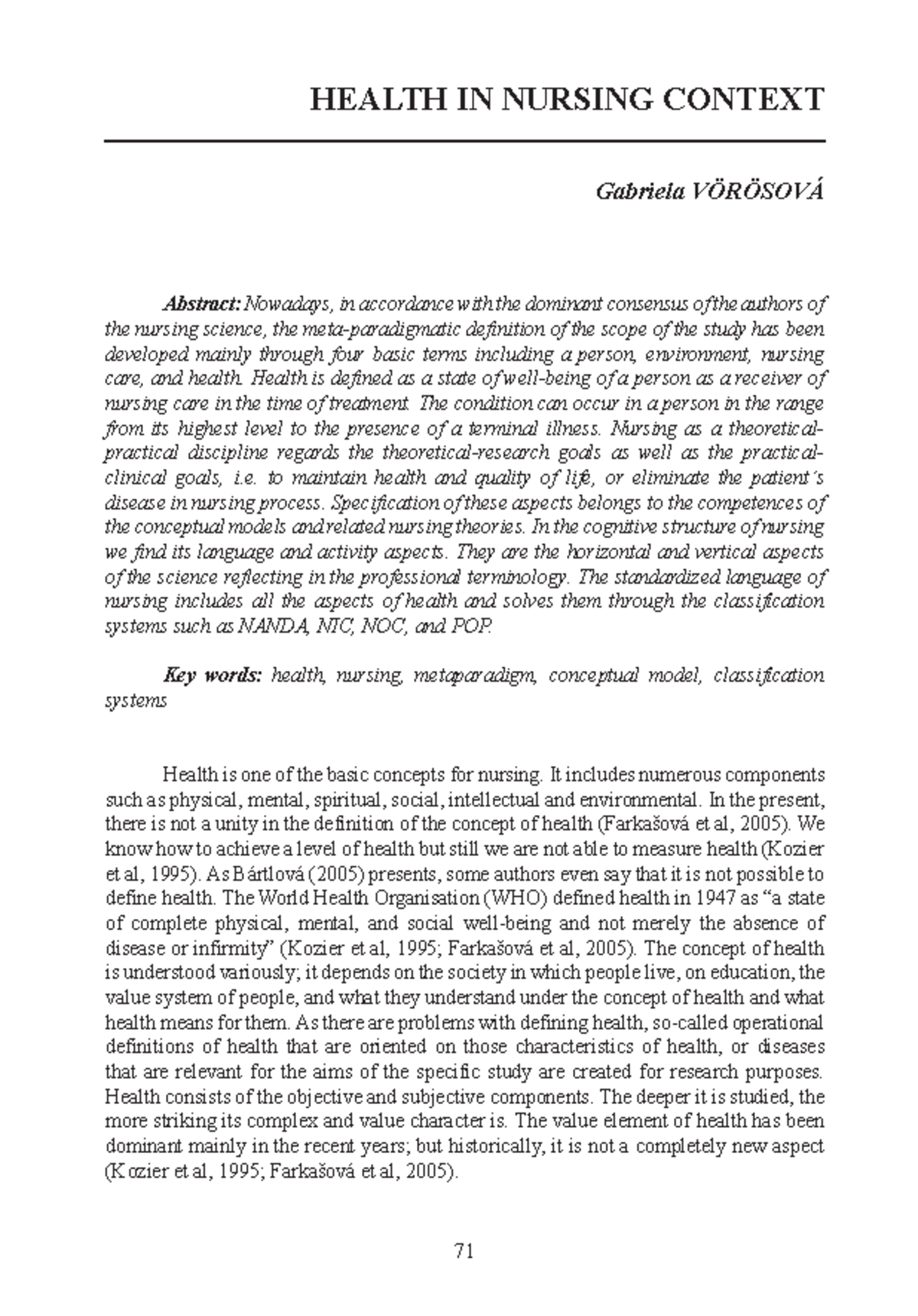 Health IN Nursing Context - HEALTH IN NURSING CONTEXT Gabriela VÖRÖSOVÁ ...