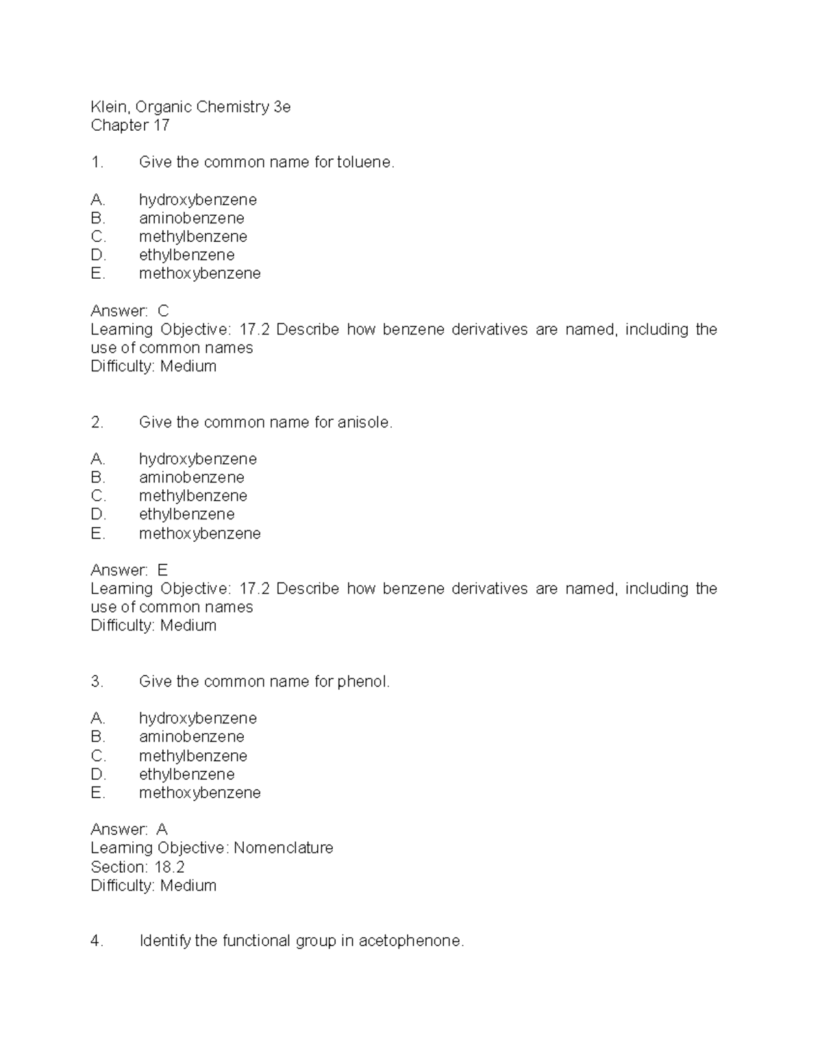 Chapter 17 organic chemistry test bank questions for Klein Orgo 3rd ...