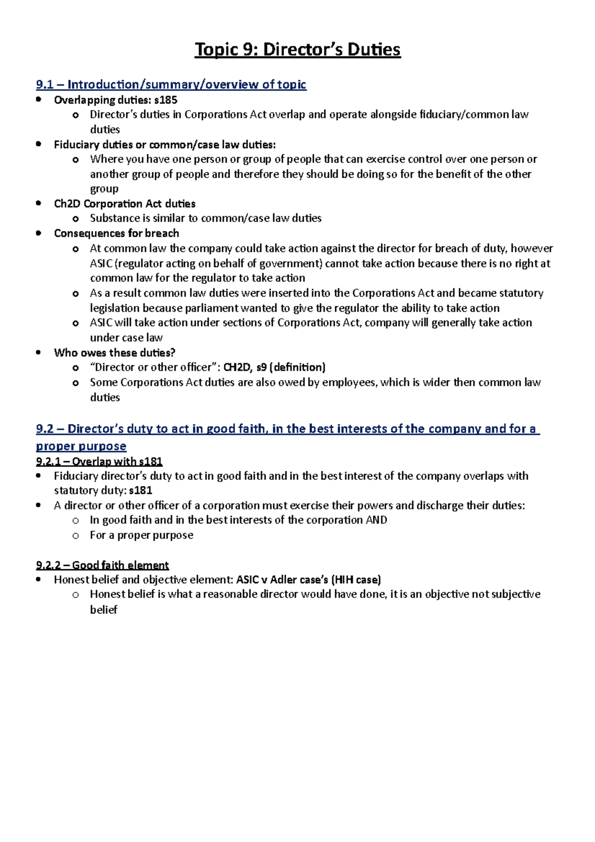 Topic 9 - Director's Duties - Topic 9: Director’s Duties 9 ...