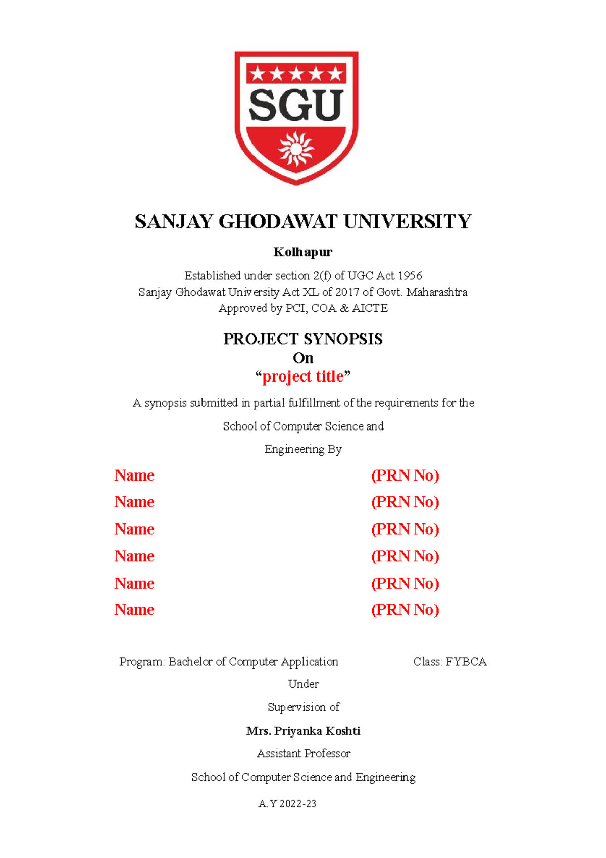 Final Project Synopsis - SANJAY GHODAWAT UNIVERSITY Kolhapur Established under section 2(f) of ...