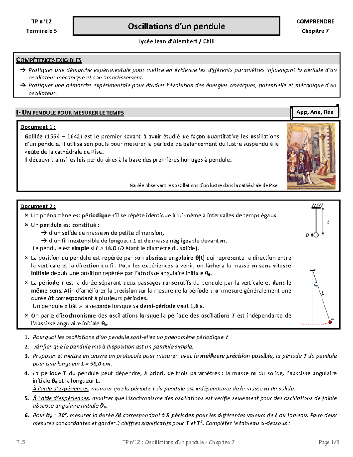 TS-Chap7-TP12-Oscillations pendule - T S TP n°12 : Oscillations d’un ...