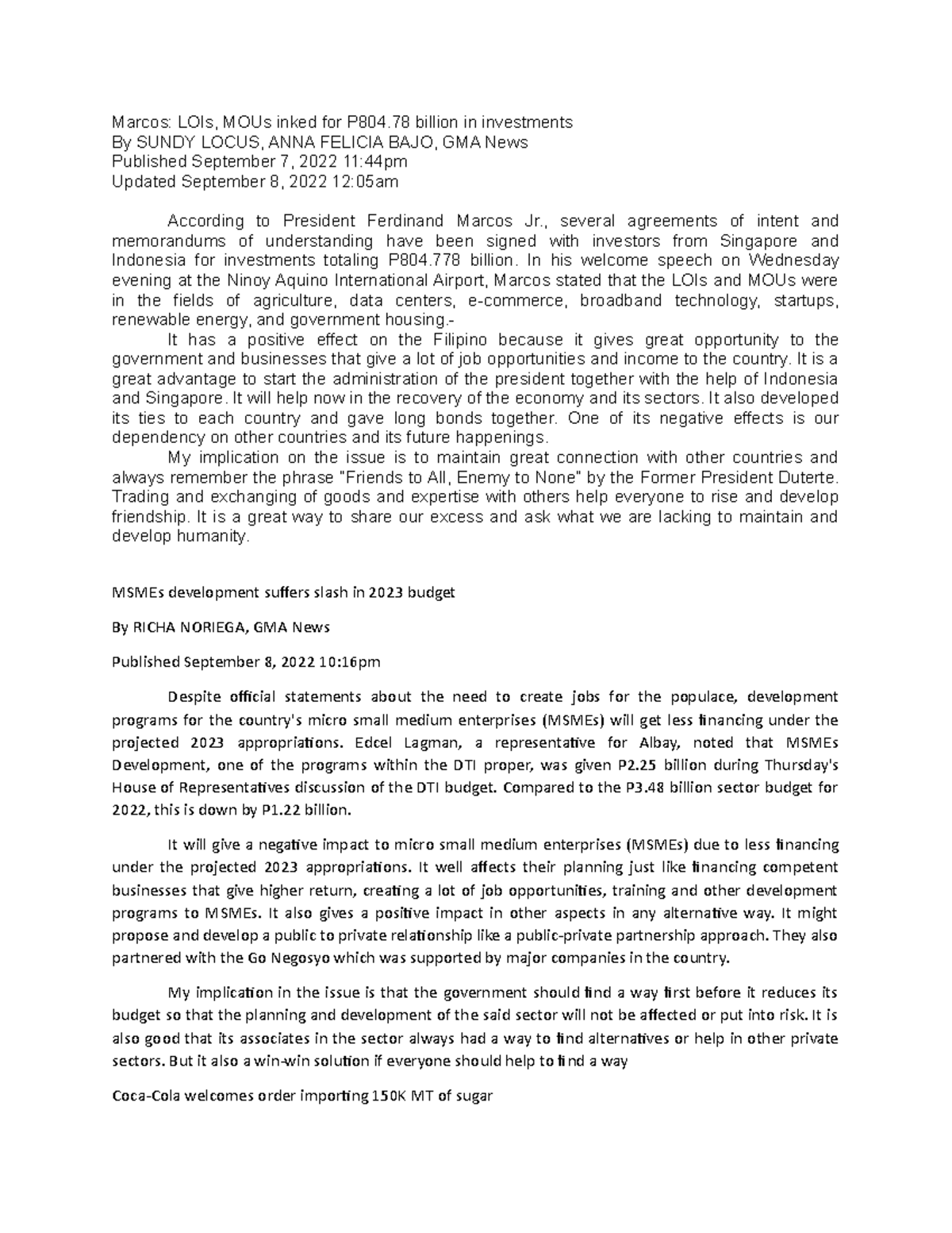 News ups - for review - Marcos: LOIs, MOUs inked for P804 billion in ...