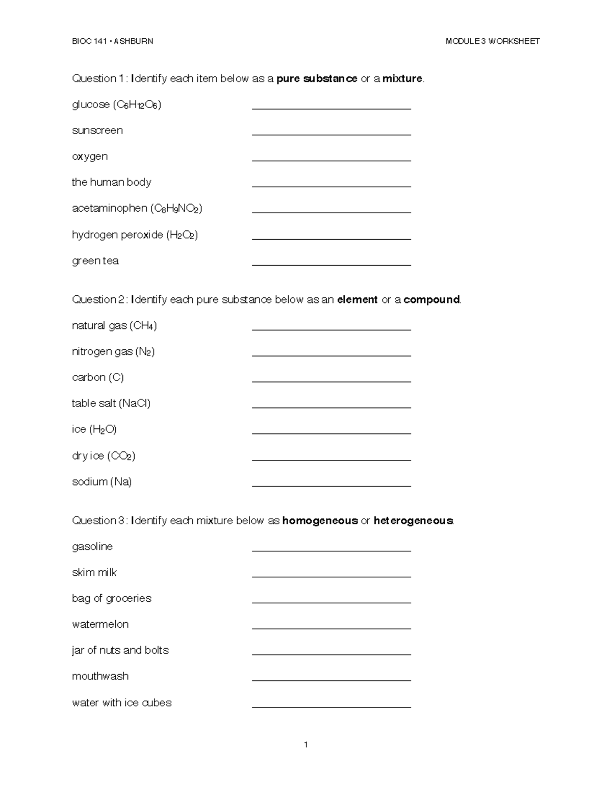 Module 3 worksheet - BIOC141 - BIOC 141 • ASHBURN MODULE 3 WORKSHEET ...