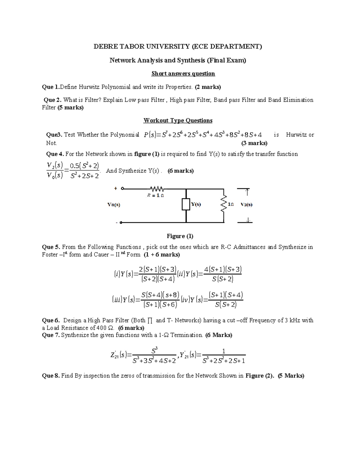 Network analysis and synthesis Final Exam - DEBRE TABOR UNIVERSITY (ECE ...