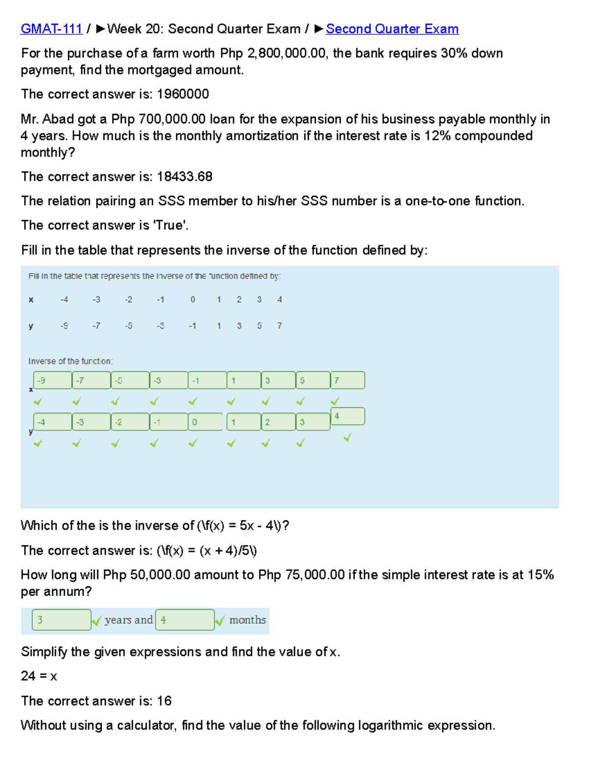 GMAT-111 Second Quarter Exam - GMAT-111 / Week 20: Second Quarter Exam ...