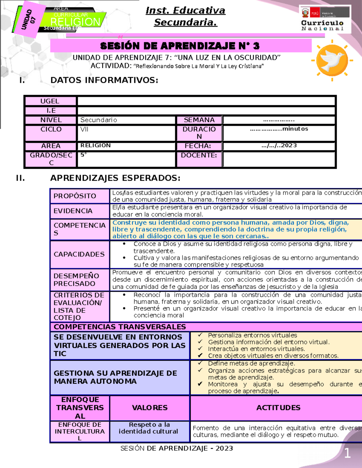 Sesion Religion 5° SEC- Semana 03 UNI 7 - RELIGION Secundaria EBR CURRICULAR SESIÓN DE ...