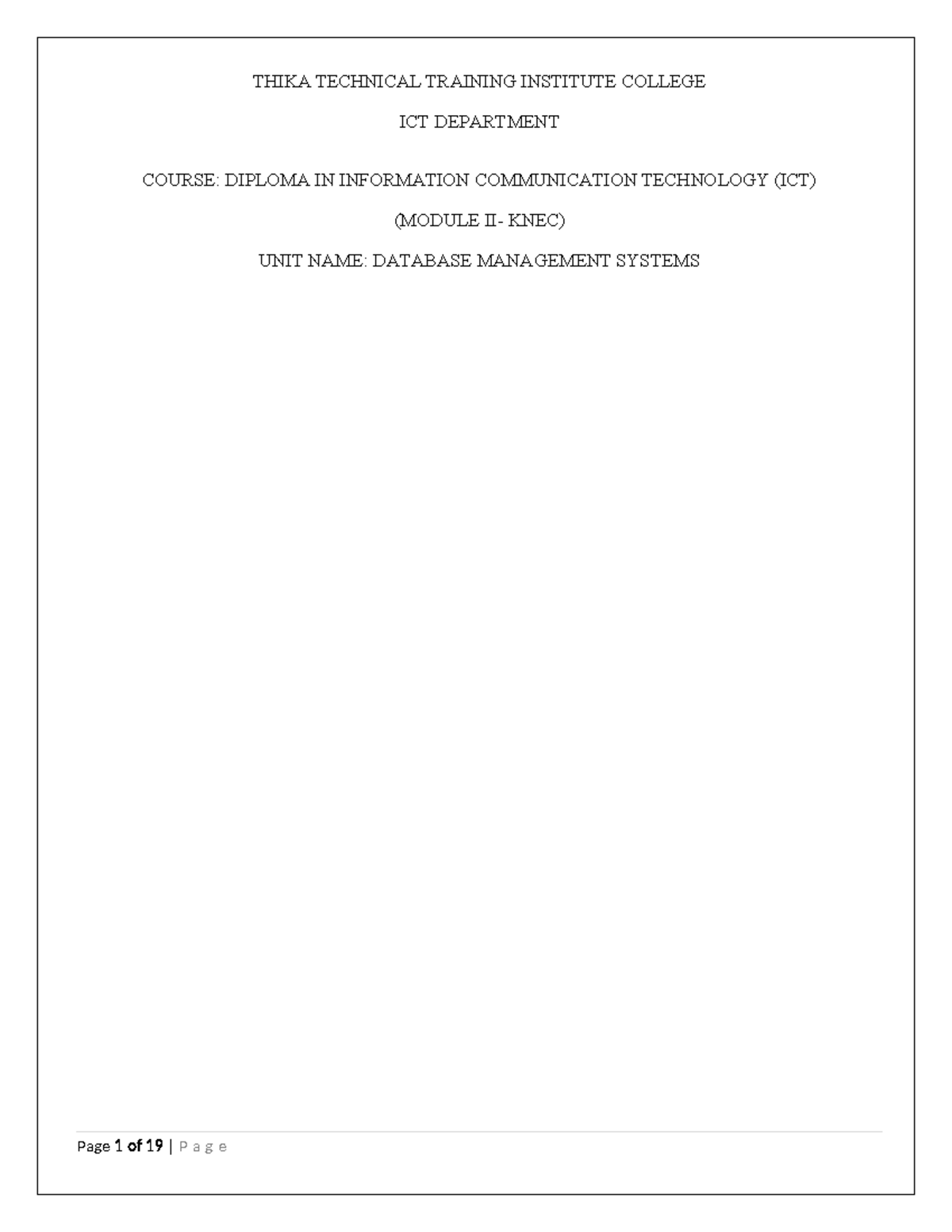 Database management systems - THIKA TECHNICAL TRAINING INSTITUTE COLLEGE ICT DEPARTMENT COURSE ...