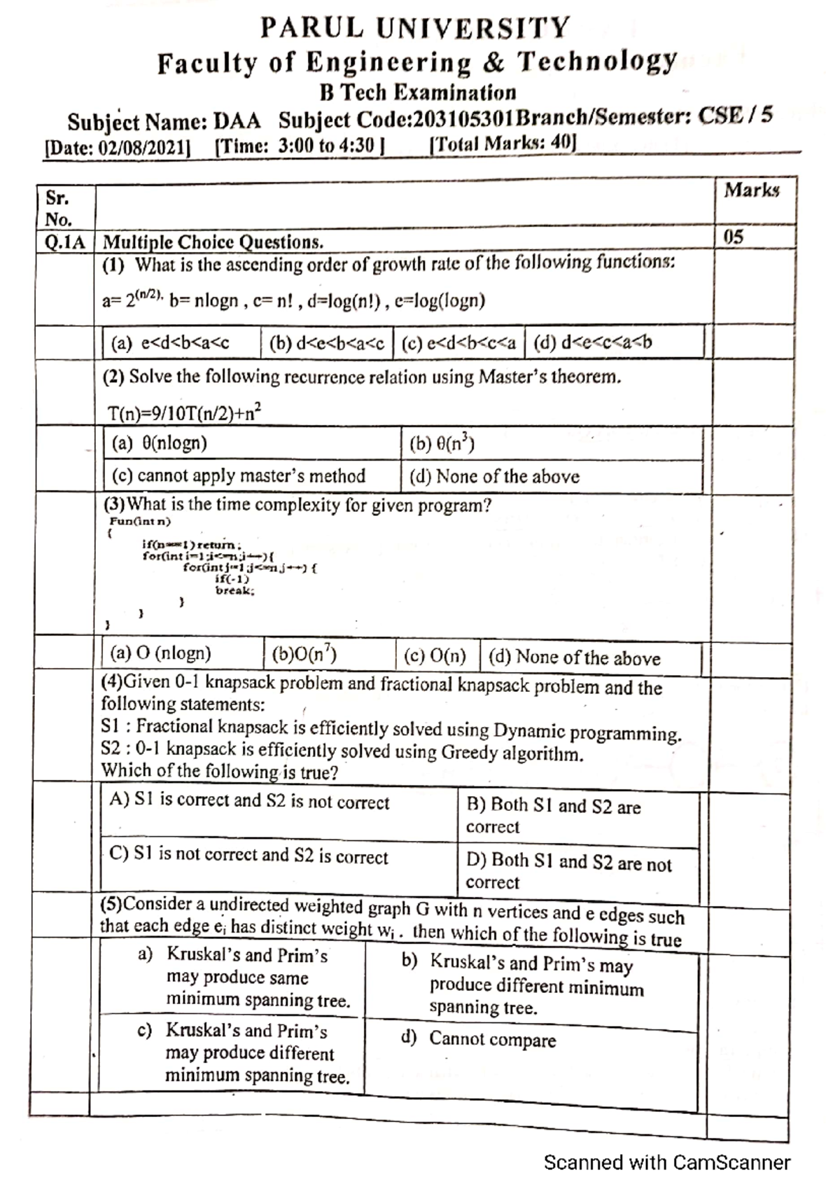 DAA Mid Sem QP - Question paper - Computer science engineering - Studocu