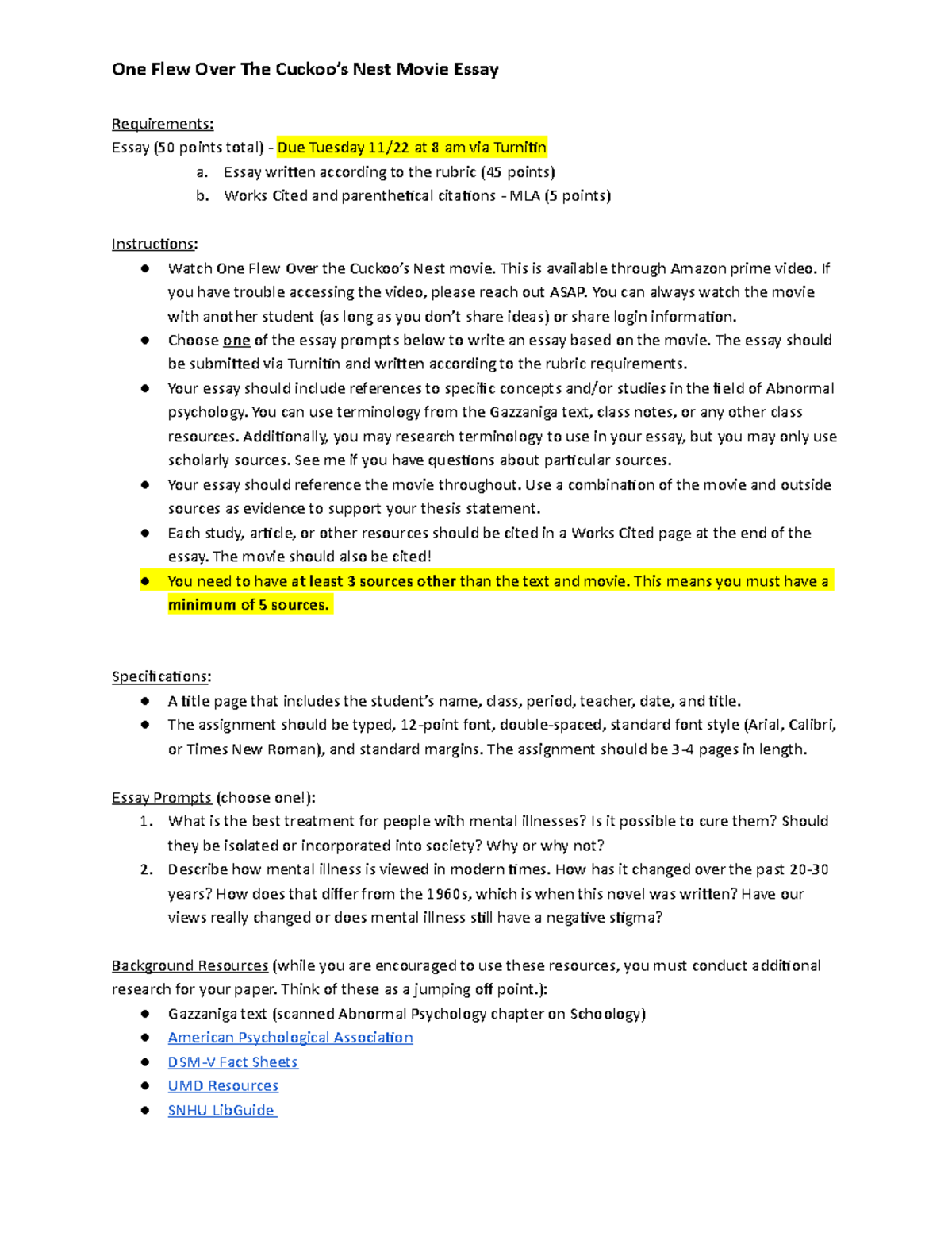 One Flew Over the Cuckoo's Nest Essay Instructions - One Flew Over The ...