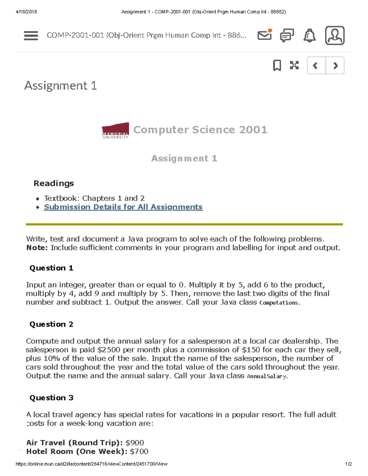 Assignment 1 - COMP-2001-001 (Obj-Orient Prgm Human Comp Int - 88652 ...