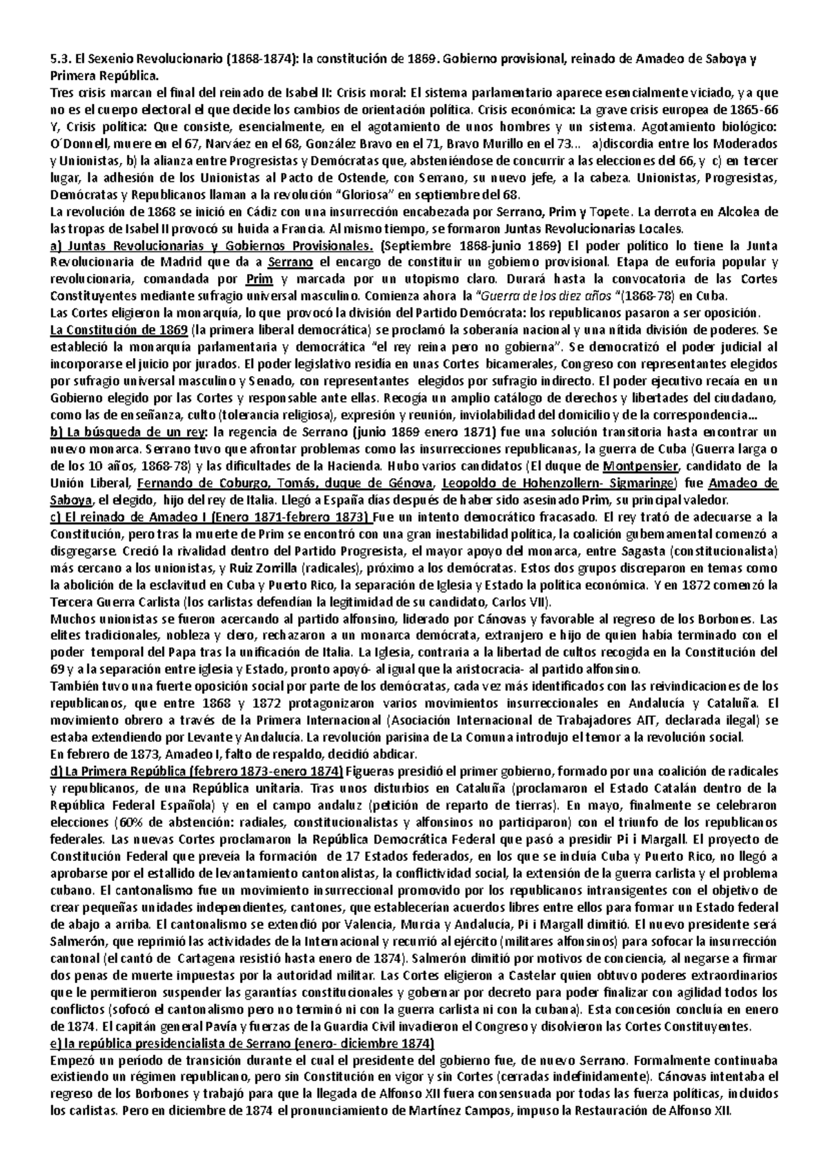 5.3. El Sexenio Revolucionario - 5 .3. El Sexenio Revolucionario (1868-1874): la constitución de ...
